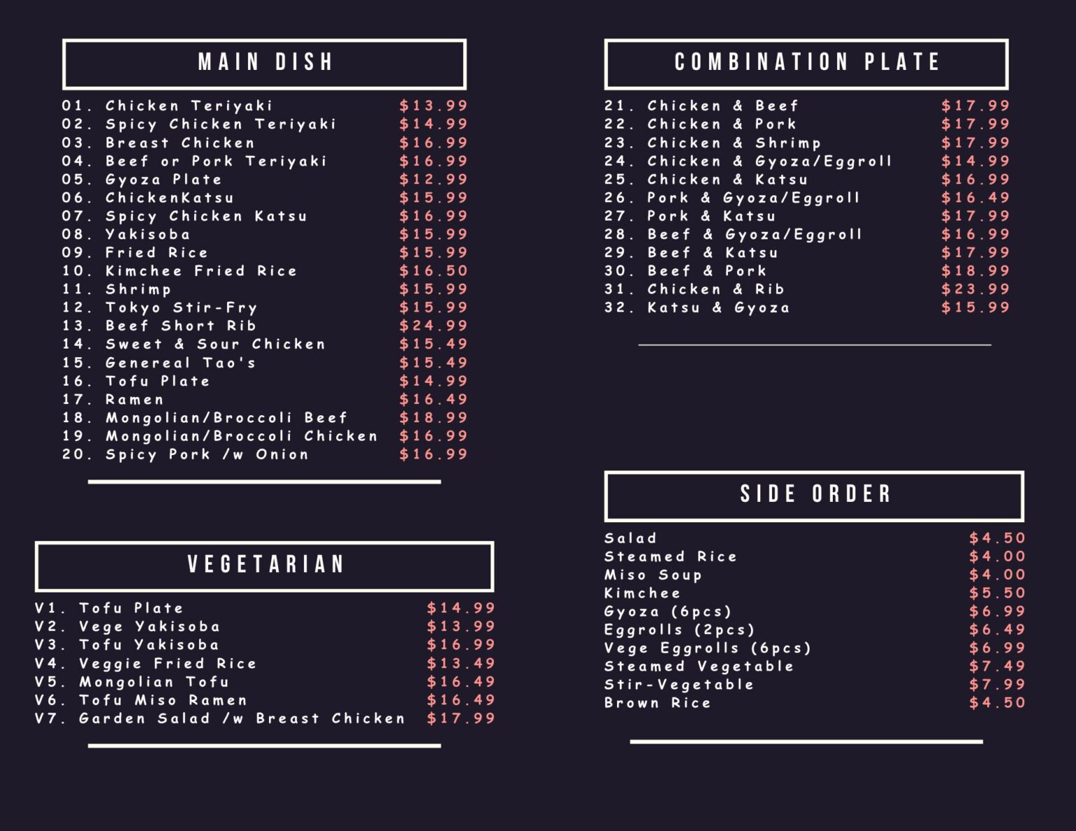 Menu - Tokyo Stop Teriyaki